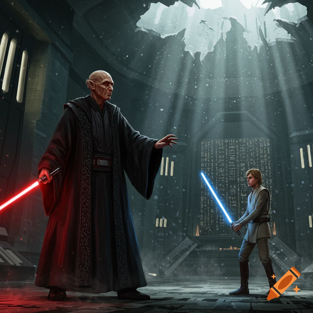 Darth Plagueis with a red lightsaber confronts Luke Skywalker with a ...