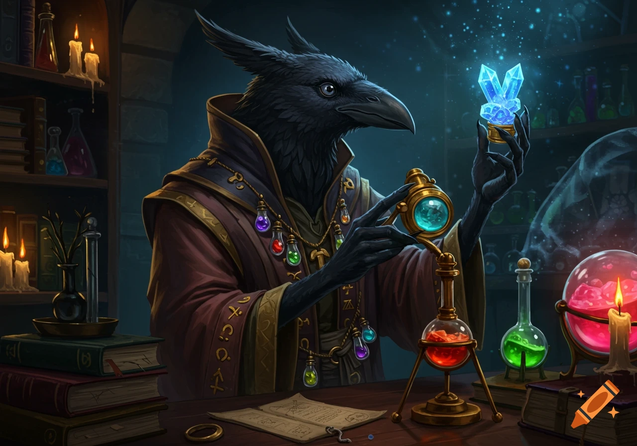 A raven-like alchemist in a workshop, holding a glowing blue crystal ...