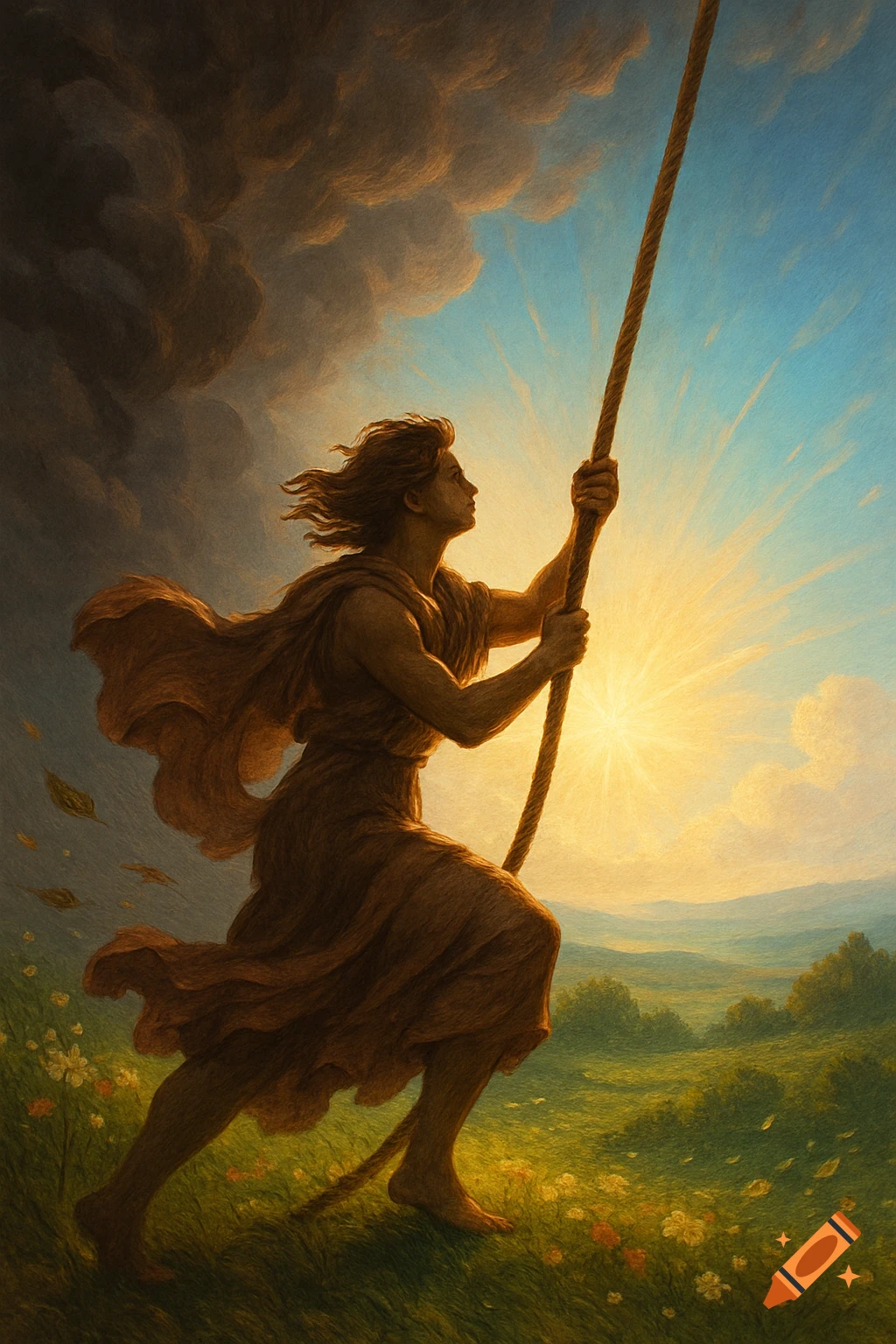 Three figures in primitive attire view a lush garden with a tiered ...