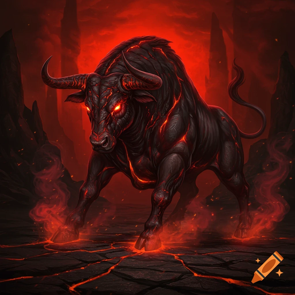 Close-up of a menacing minotaur's face with a gold nose ring ...