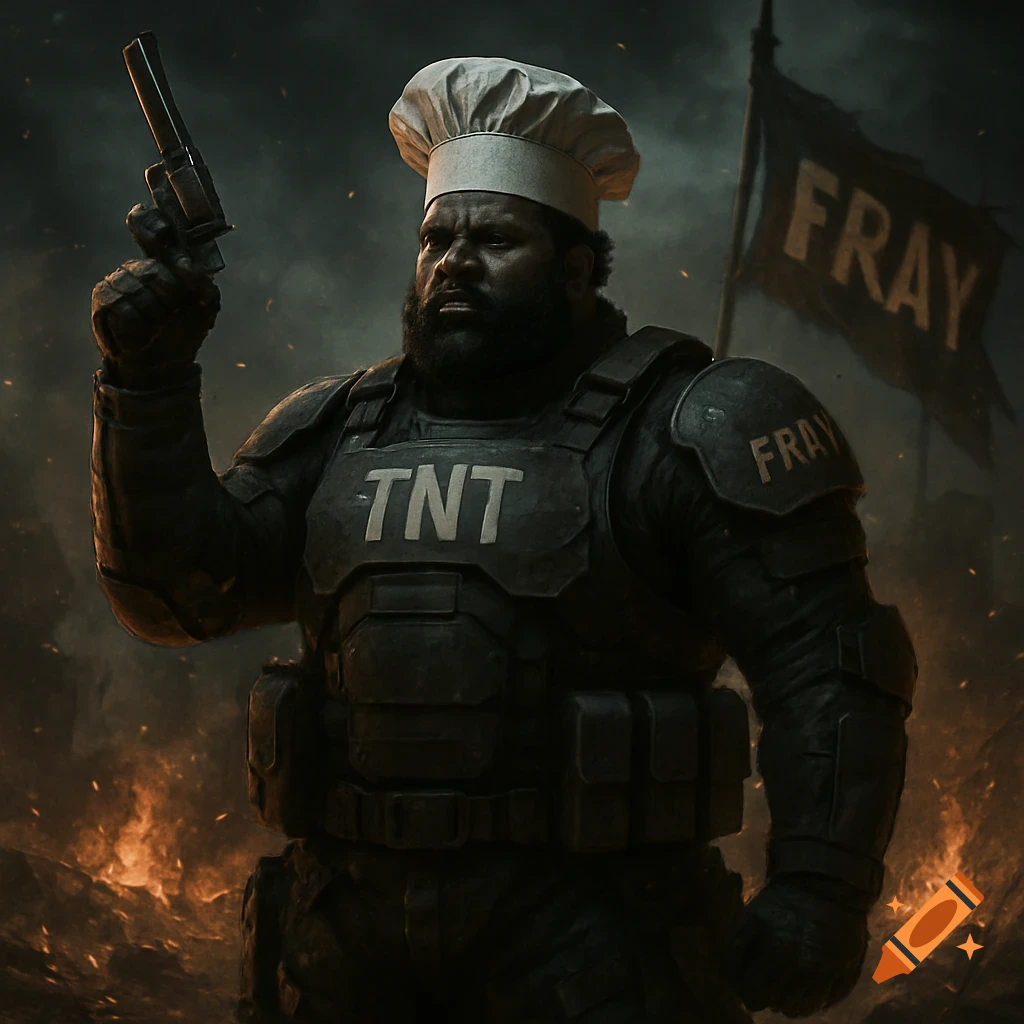 Heavily armored man with a chef's hat and beard, holding a revolver in ...