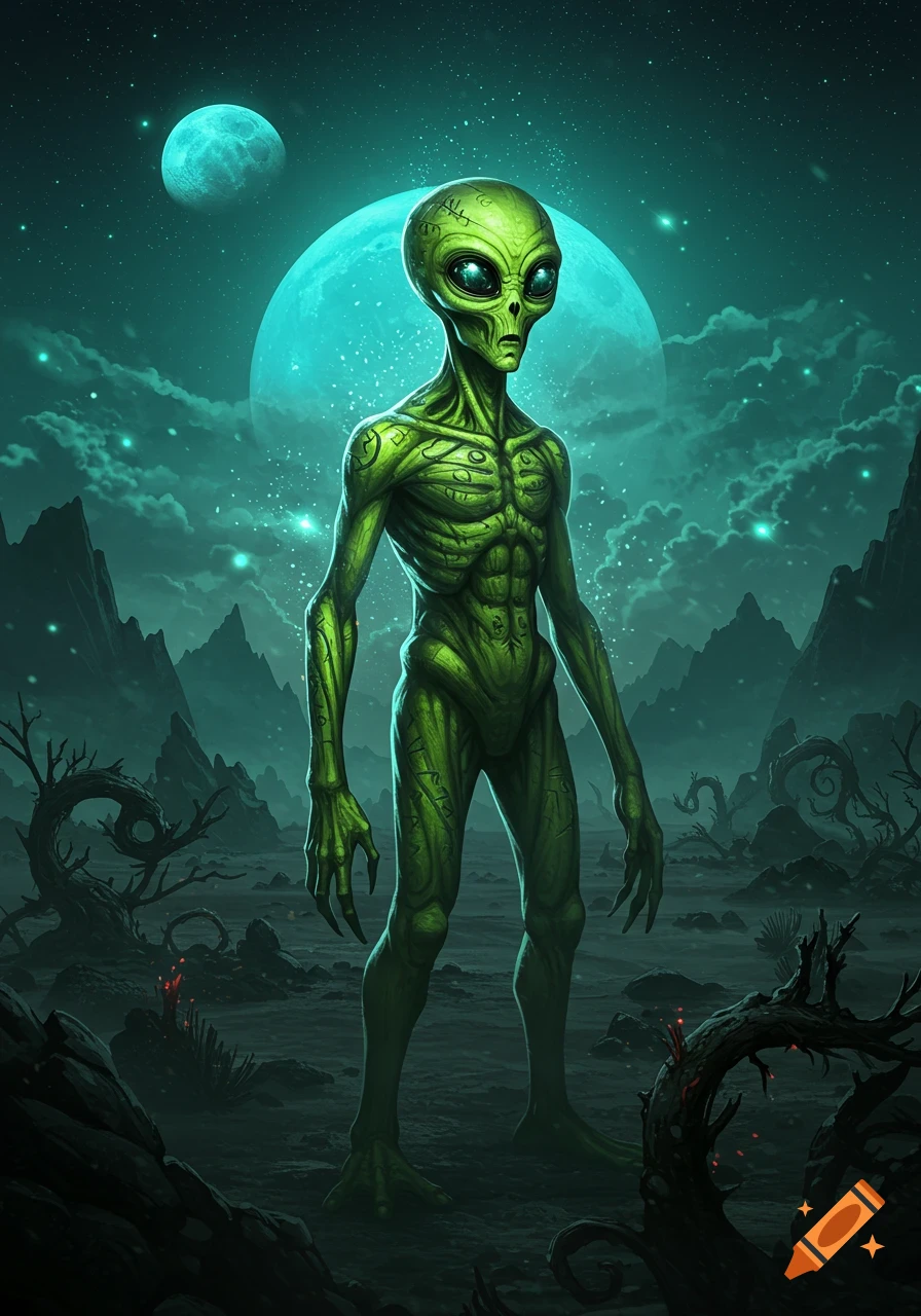 Three happy, cartoon-style aliens, two green and one blue, in space ...