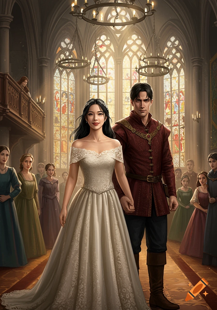 A royal couple in medieval attire, the woman in a white lace wedding ...