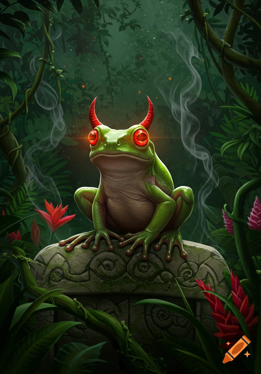 A vibrant green frog with red devil horns and glowing red eyes sits on ...
