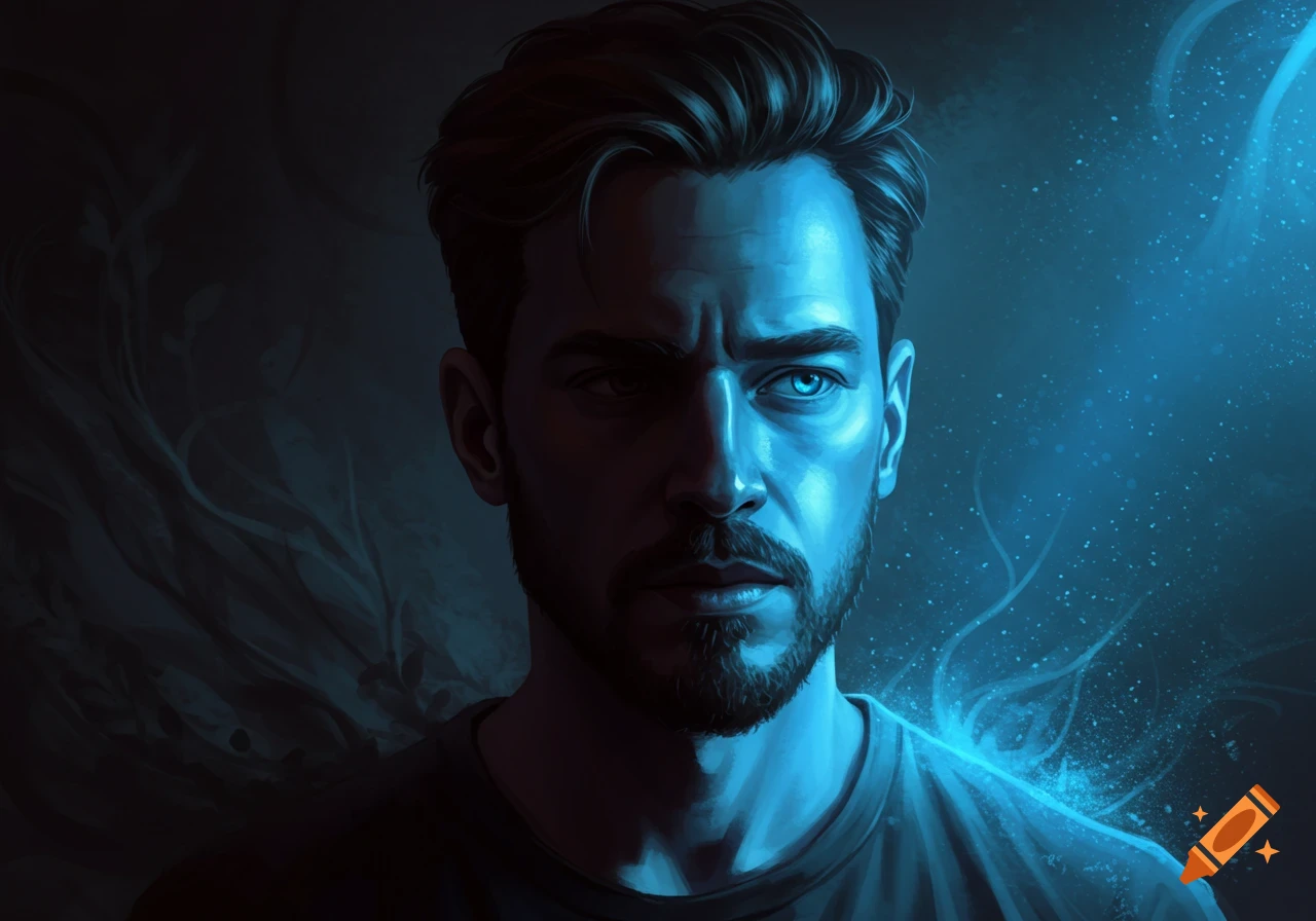 Stylized digital art portrait of a man with a glowing halo, his face ...