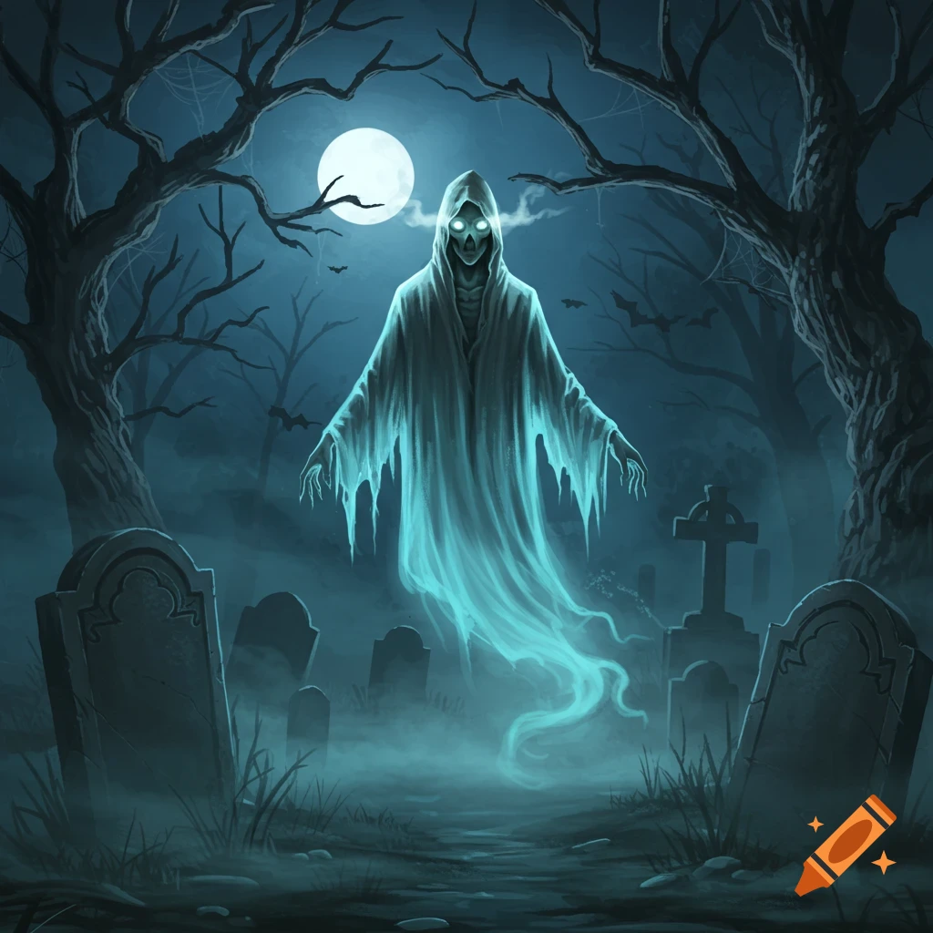 A spectral ghost with glowing eyes floats above a misty graveyard under ...