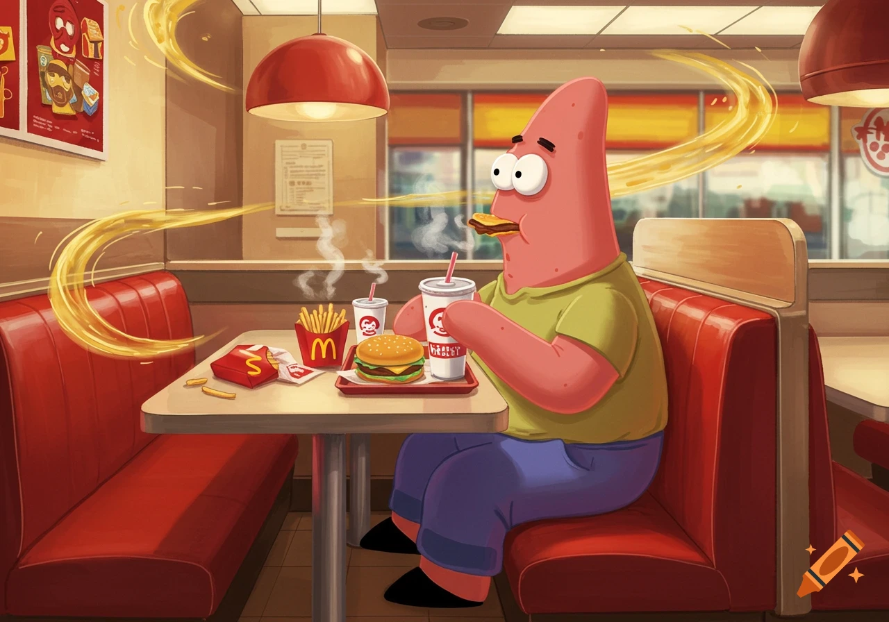 Cartoon Patrick Star eating a hamburger and fries at a fast food ...