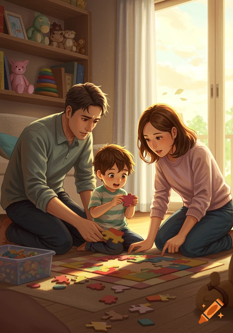 A smiling cartoon family with two children and a golden retriever ...