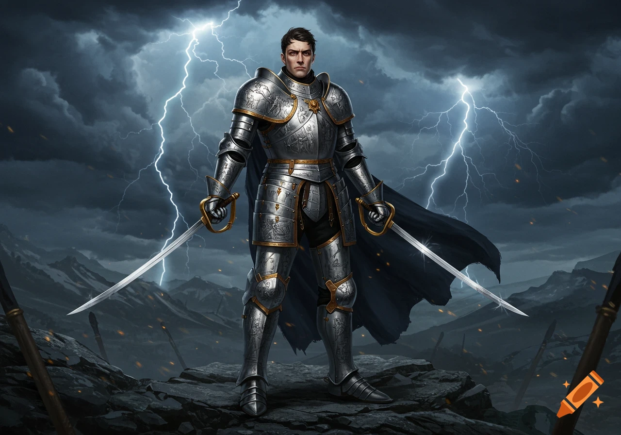 A knight in shining steel armor stands on a rocky outcrop, wielding two ...