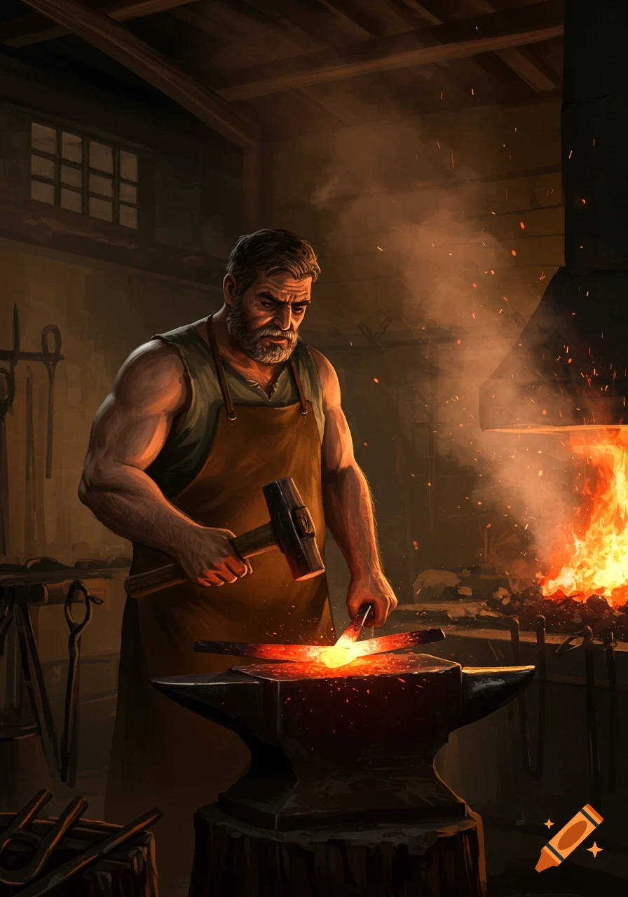 Muscular medieval blacksmith hammering a hot sword on an anvil in a ...