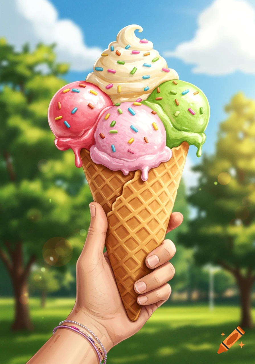 Person enjoying ice cream next to Mickey Mouse on Craiyon