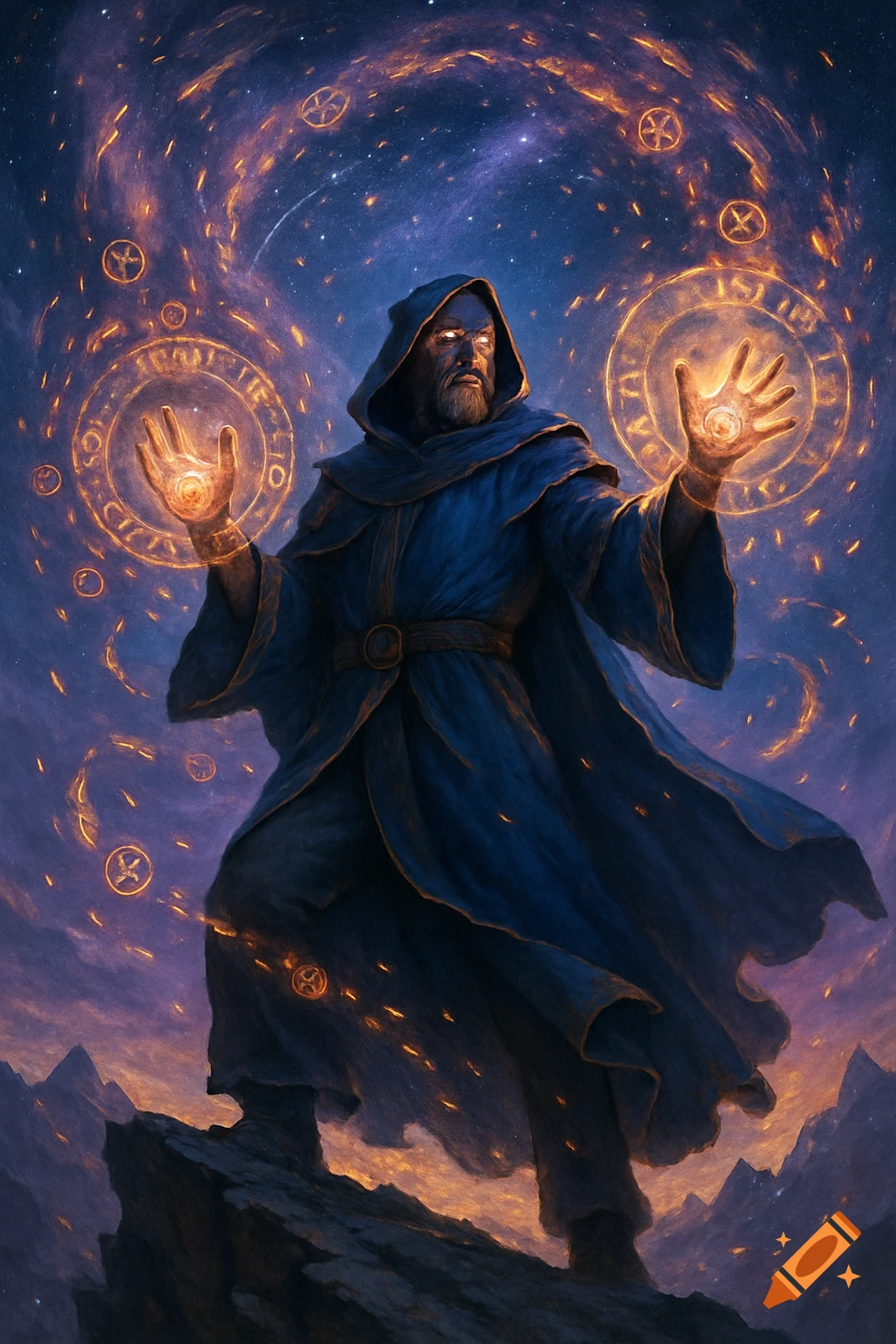 A bearded wizard in a blue robe stands on a rock, casting glowing ...
