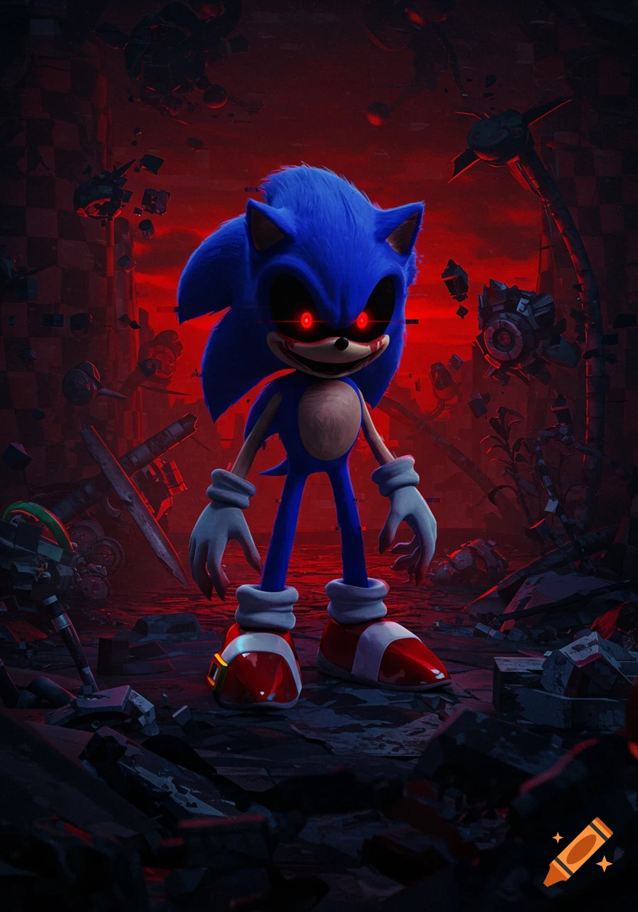 A creepy, distorted Sonic the Hedgehog, known as Sonic.exe, with ...