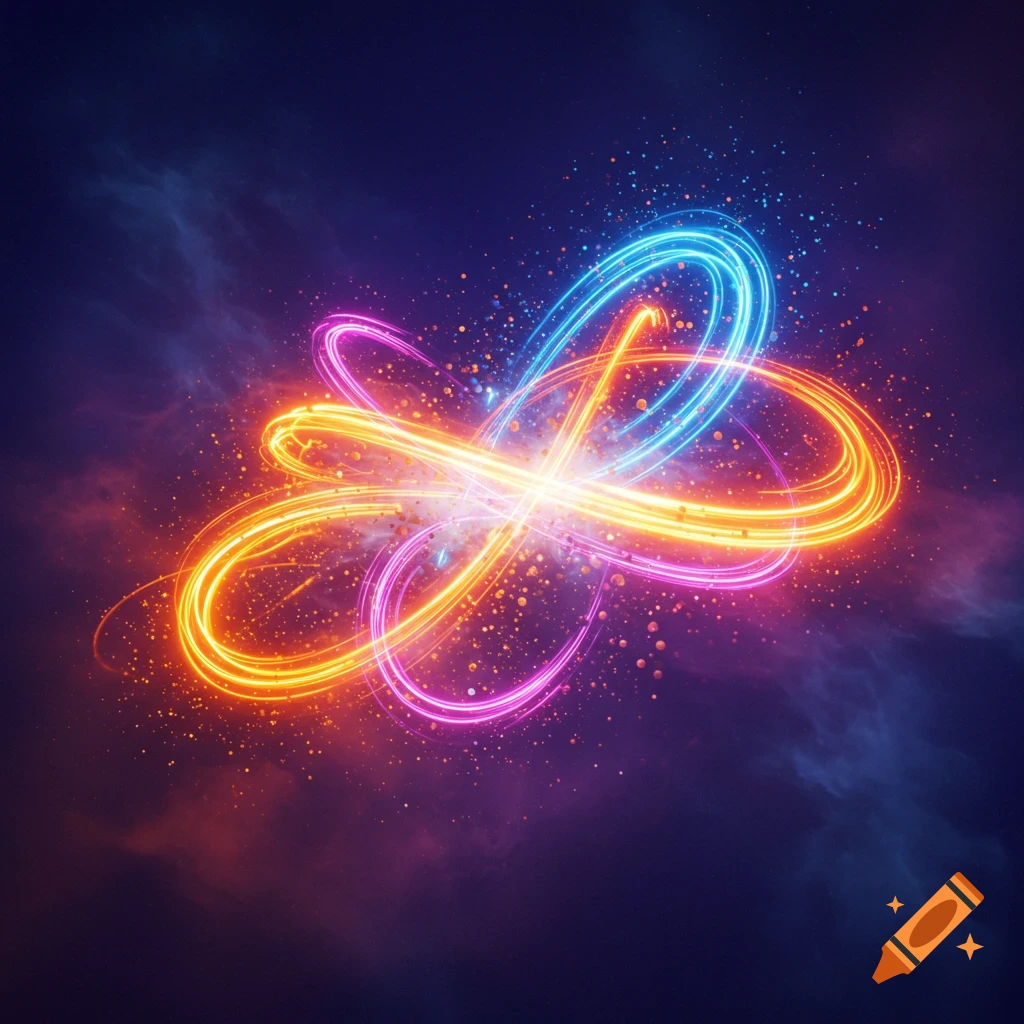 Abstract neon light trails in orange, pink, and blue swirl against a ...