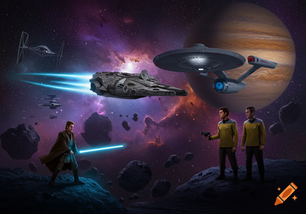 Anakin Skywalker with a lightsaber, the Millennium Falcon, a TIE ...