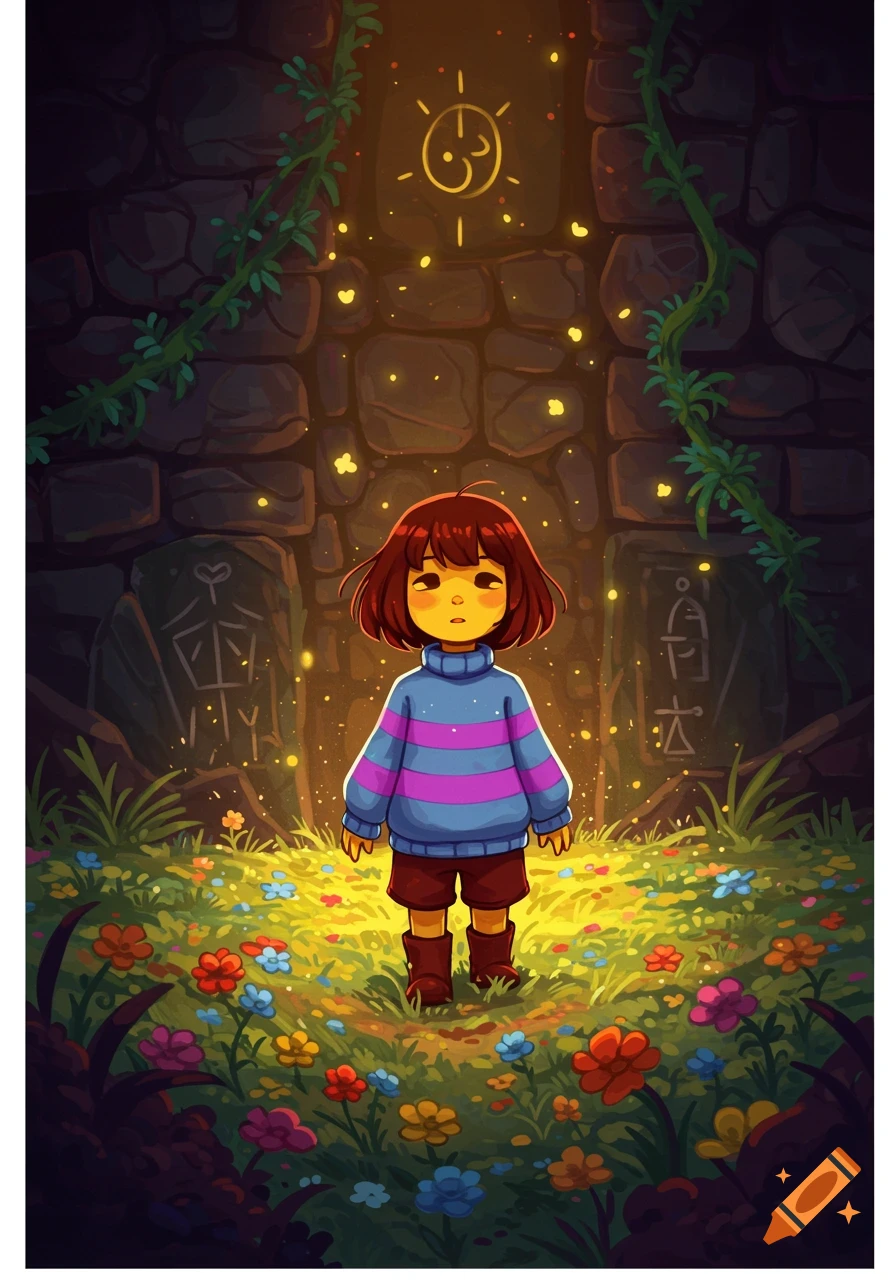 Frisk from Undertale stands in a glowing, flower-filled cave with ...