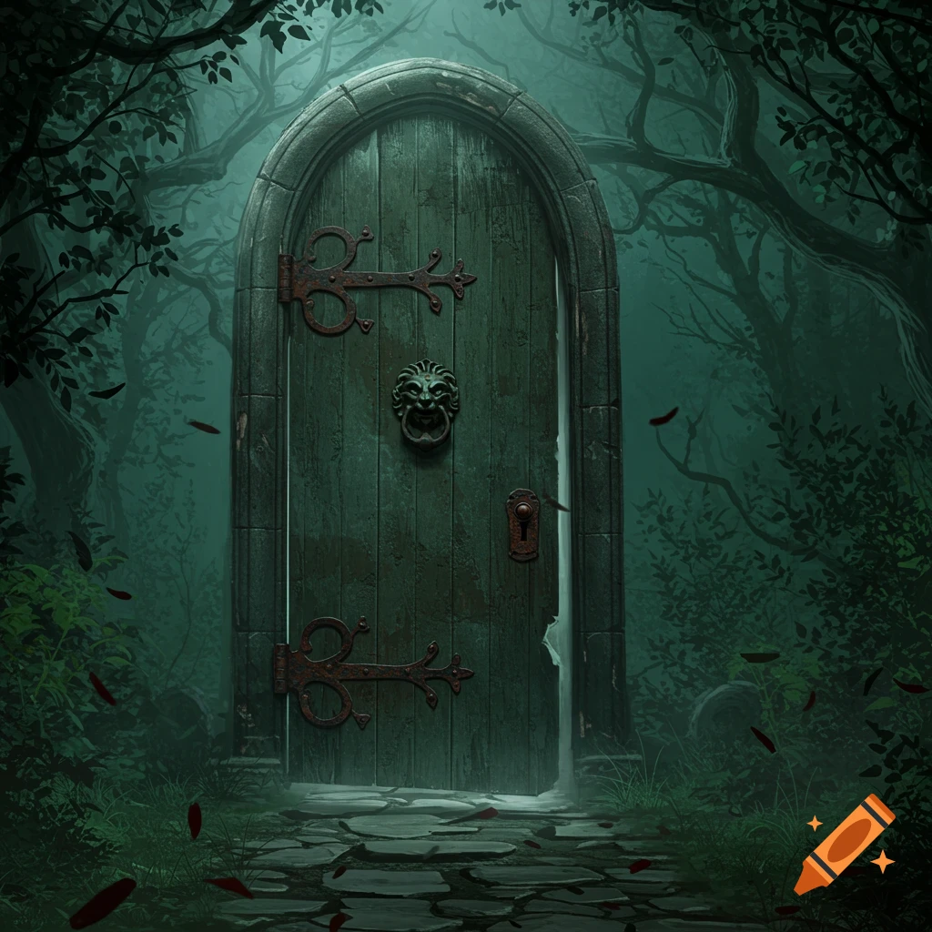 A dark, arched wooden door with ornate iron hinges and a lion head ...