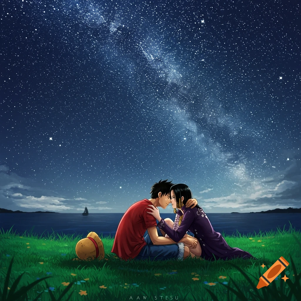 Luffy and Hancock embrace under a beautiful, clear starry night sky ...