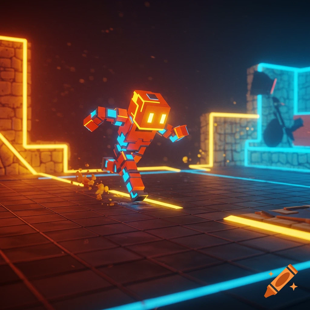 Stylized character in horned helmet jumps on a ramp with floating build ...