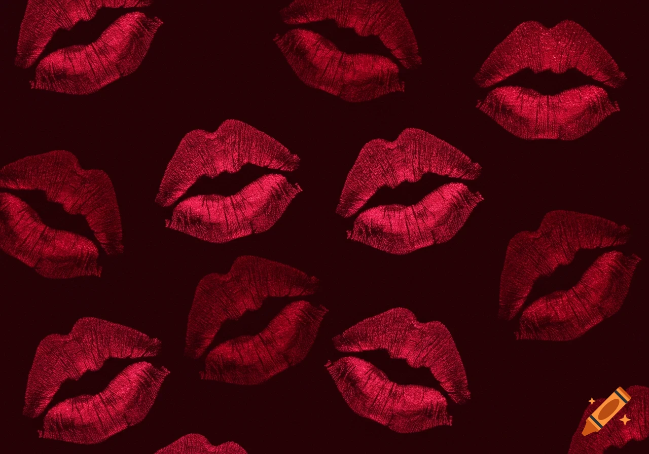 A repeating pattern of vibrant red lipstick kiss marks on a deep red ...