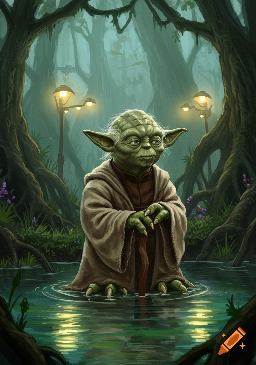 Yoda in a mossy, misty swamp, holding a wine bottle with a cork ...
