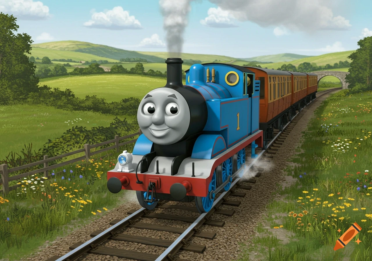 Cartoon illustration of Thomas the Tank Engine and two green trains on ...