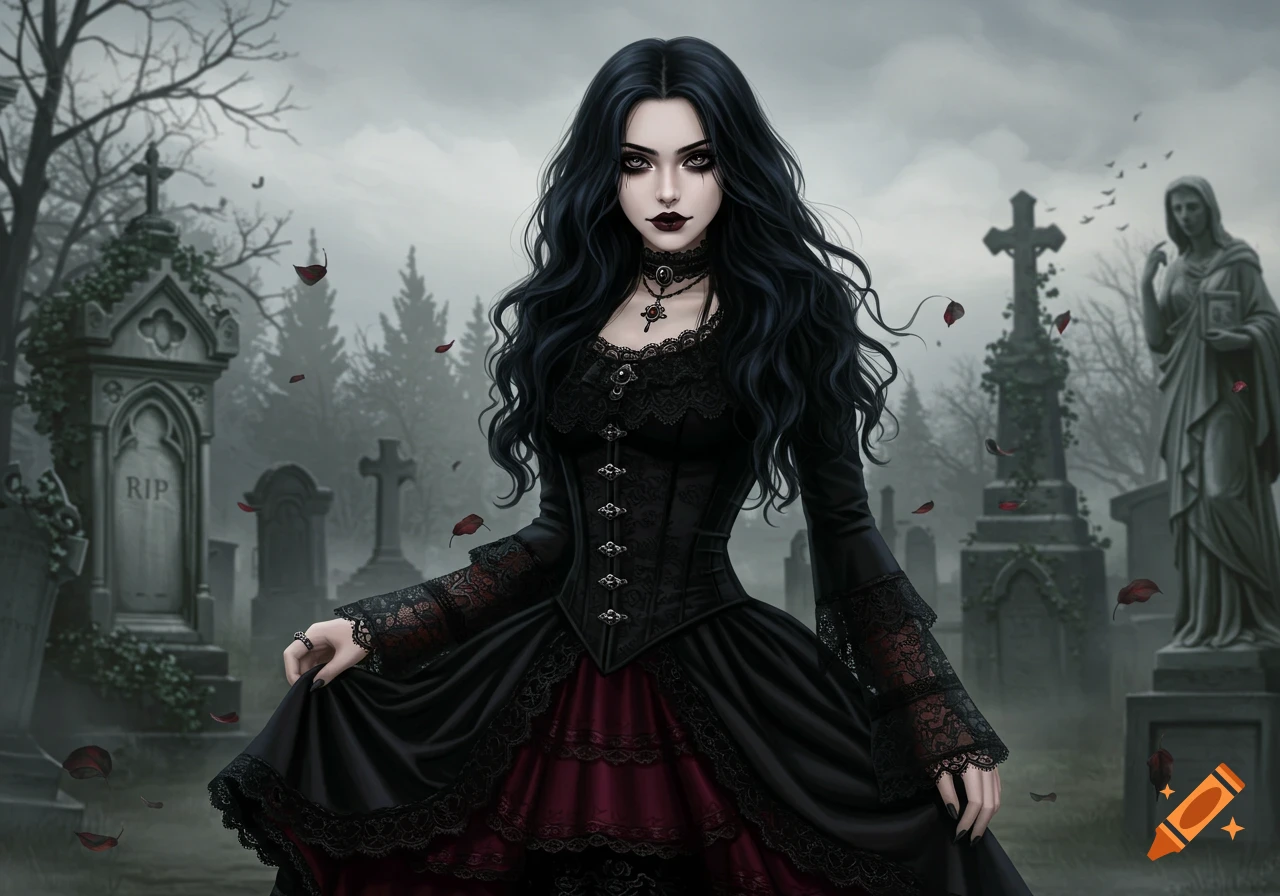 A goth girl with long black hair, dark makeup, and a black and red ...