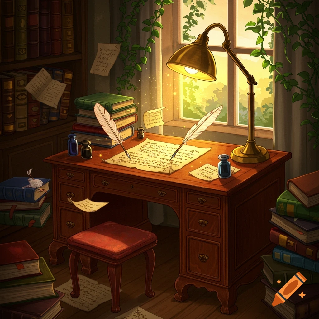 Cozy, warm illustration of an old wooden desk with quills, ink ...