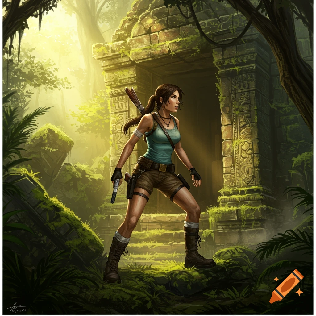 Lara Croft stands in an ancient jungle ruin, holding a pistol, ready ...