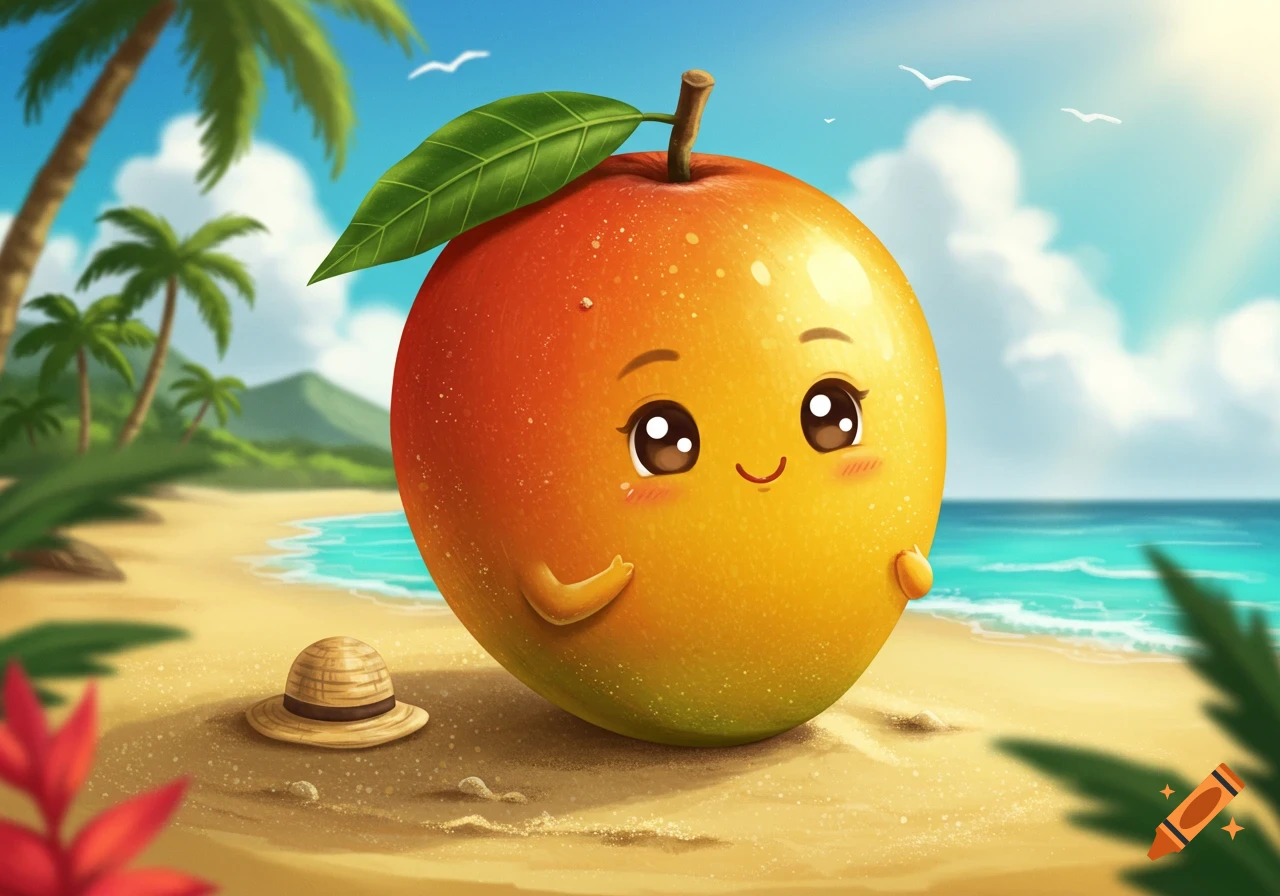A cute, cartoon pineapple character with big eyes smiles on a sandy ...