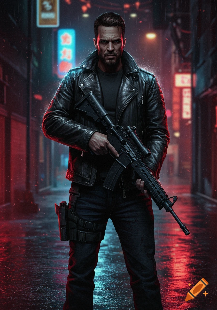 A serious man in a leather jacket and jeans holds an assault rifle in a ...