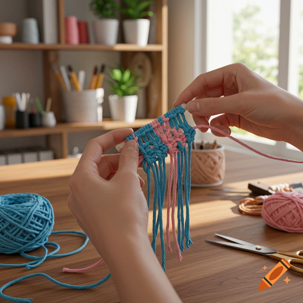 Close-up of a blue and tan macrame keychain with a heart design ...