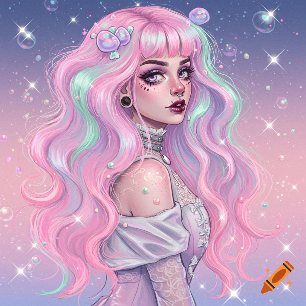 An illustration of a pastel goth girl with long wavy pink and mint ...