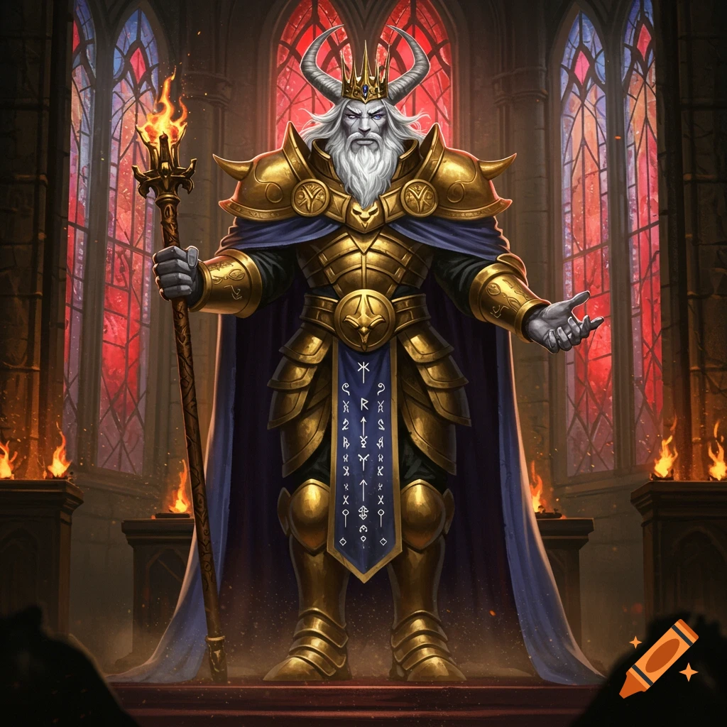 A powerful horned king with a white beard, wearing golden armor and a ...