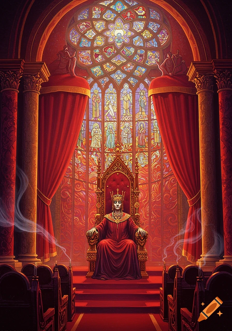 A solemn king in red robes and a crown sits on a golden throne in a ...