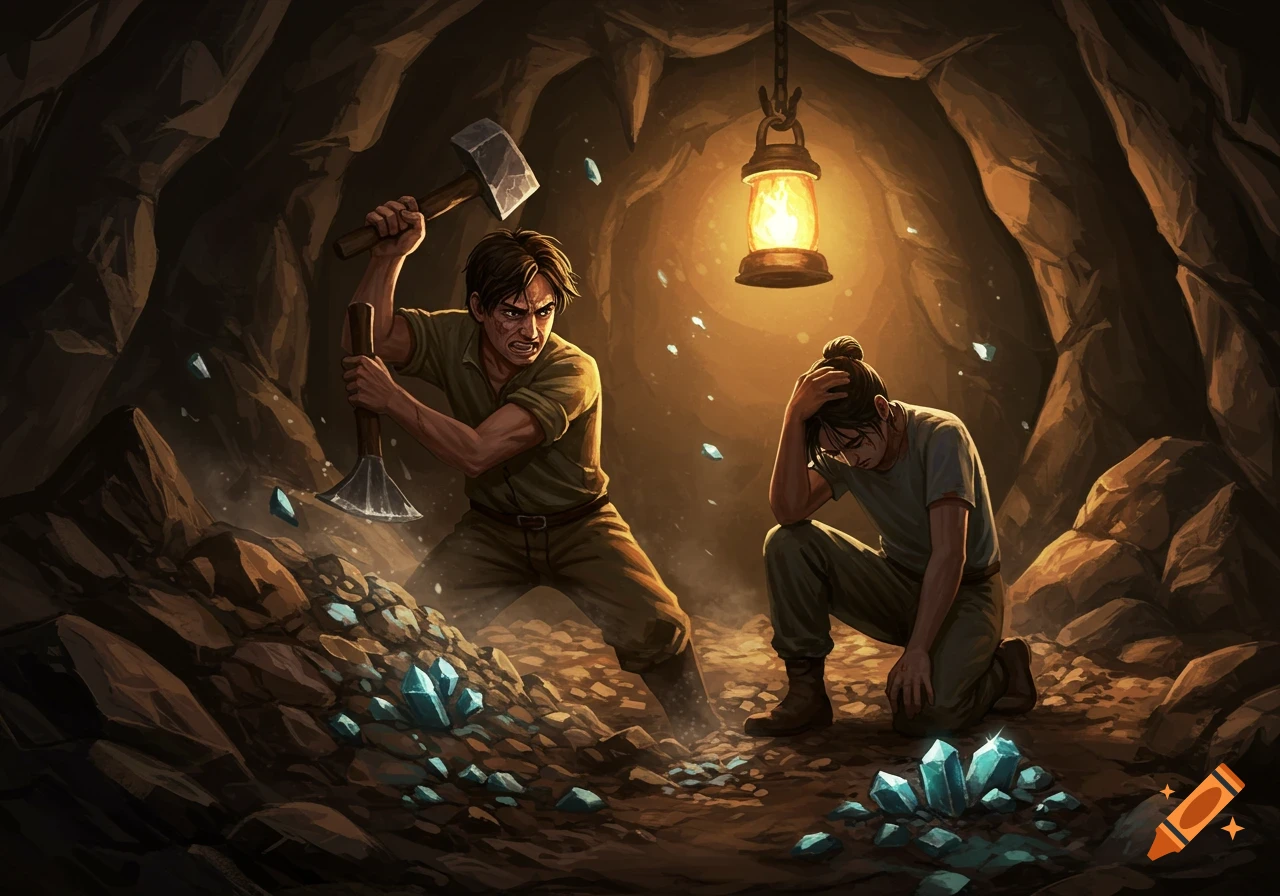 A fearsome, red-eyed cyclops holds a goblet in a dark cave as a man ...