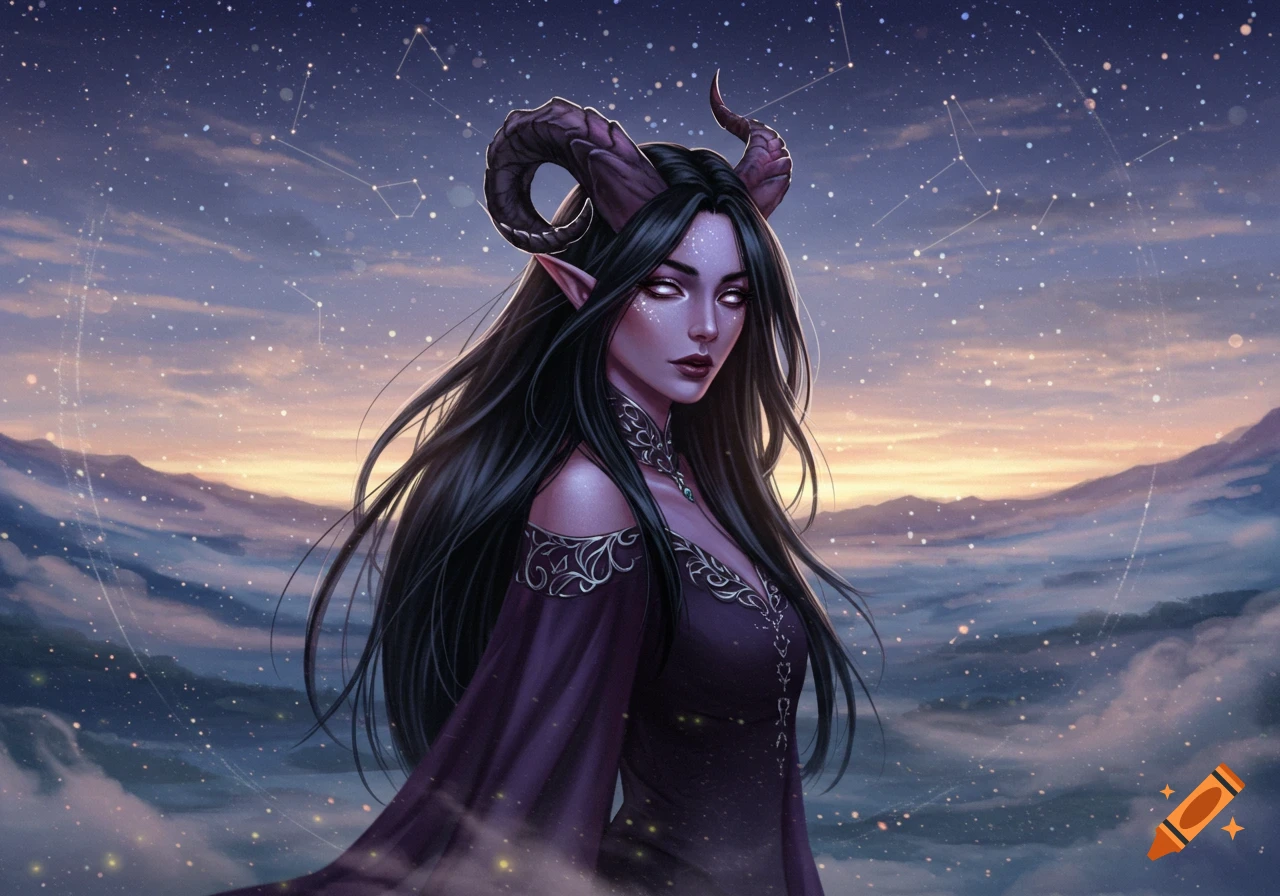 A digital art portrait of a purple-skinned female demon with purple ...