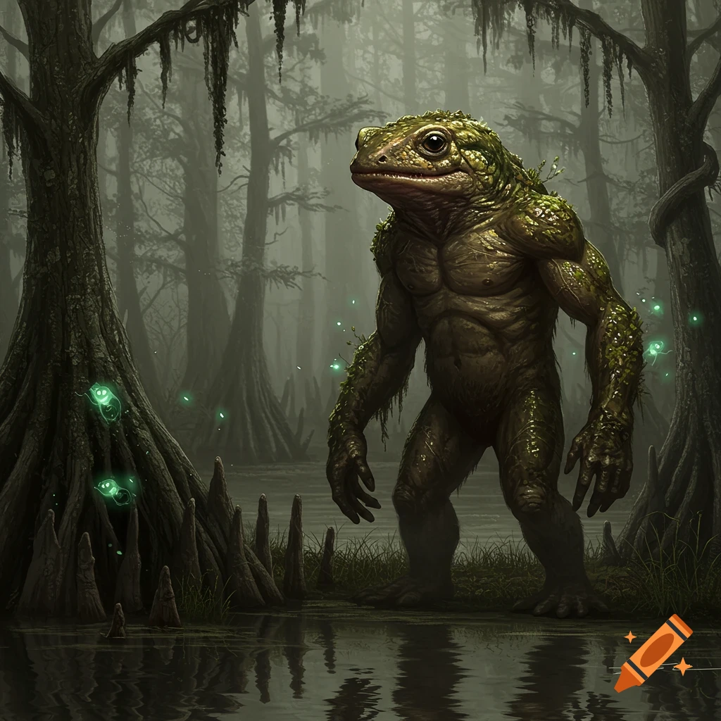 A muscular, bipedal frog-like creature with mossy skin stands in a dark, misty swamp with ...