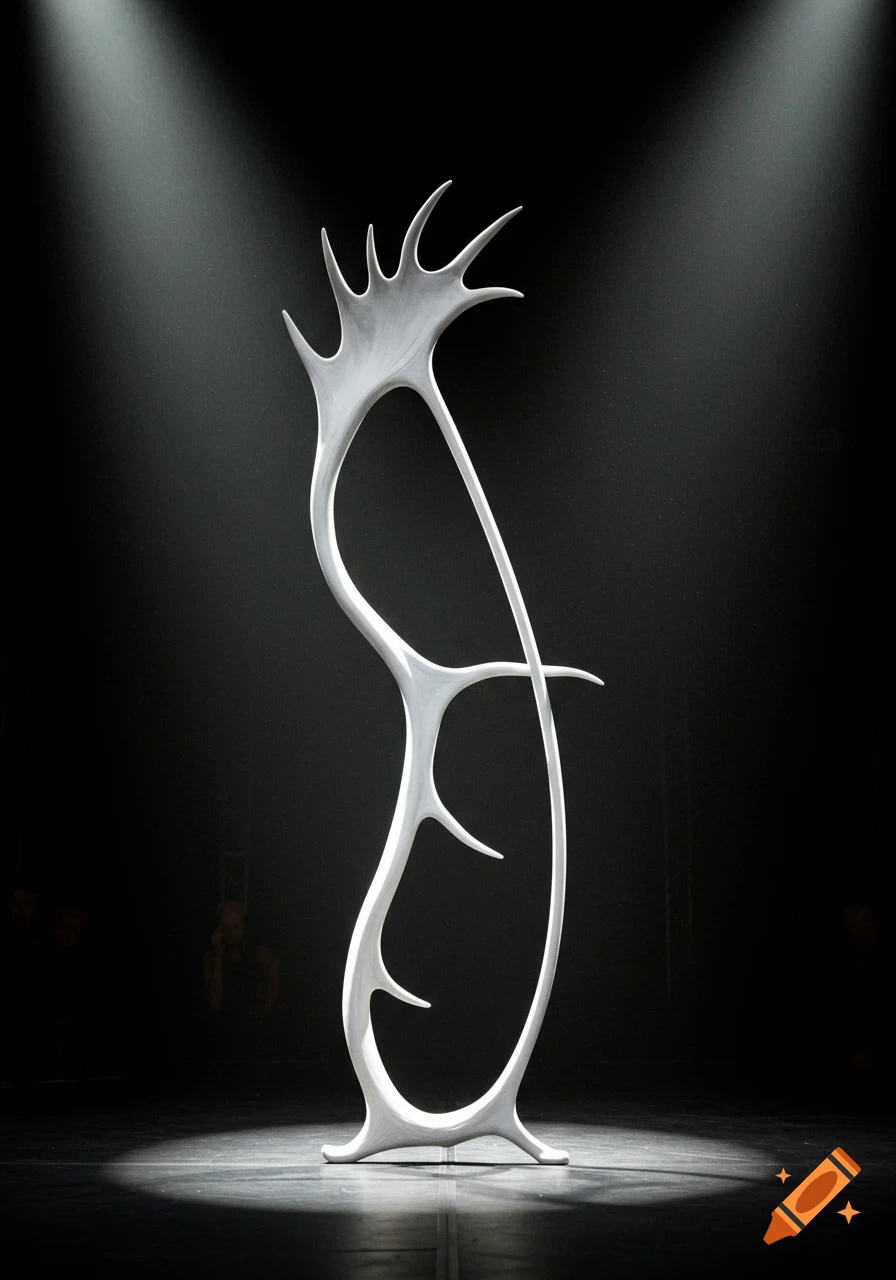 A tall, white, abstract sculpture resembling an antler stands under ...