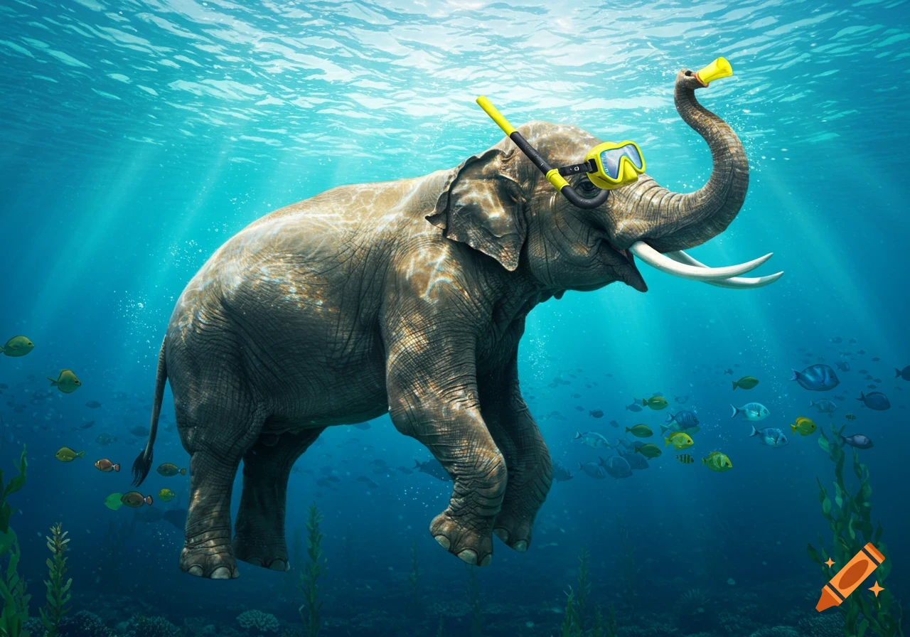 Photorealistic image of a large elephant swimming underwater in the ...