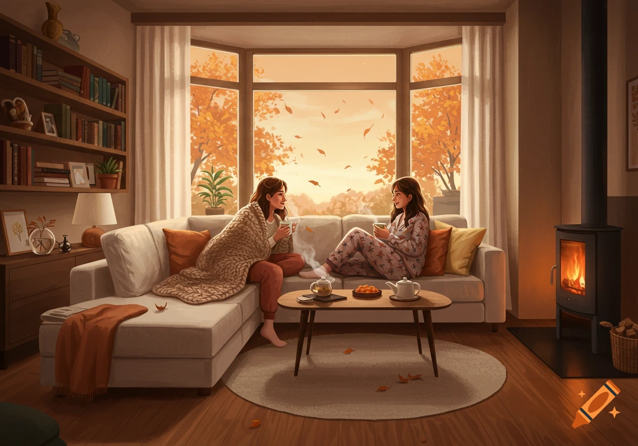 A young girl with brown hair in an illustrative style, lying on a couch ...