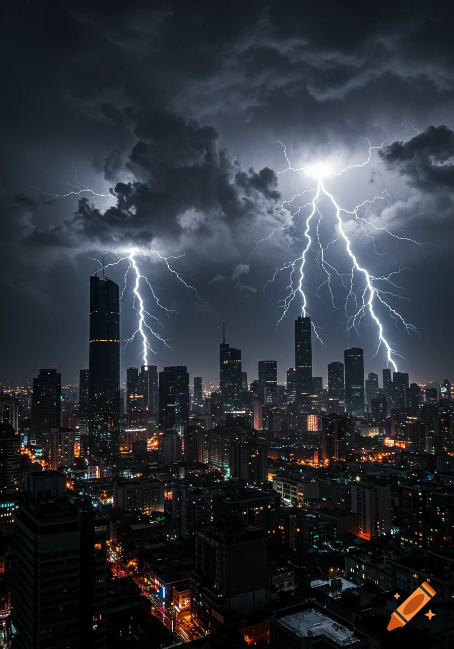 Dramatic night cityscape with multiple bright lightning strikes illuminating towering ...