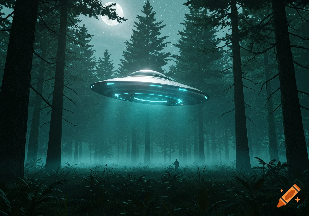 A glowing UFO hovers above a tall communication tower against a dark ...