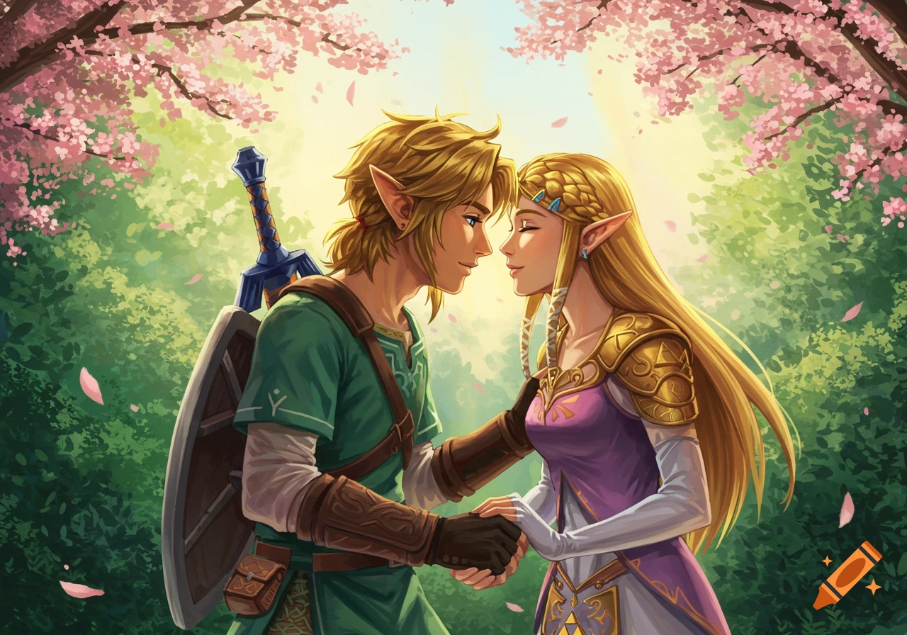 Link and Zelda hold hands, gazing at each other under vibrant pink ...