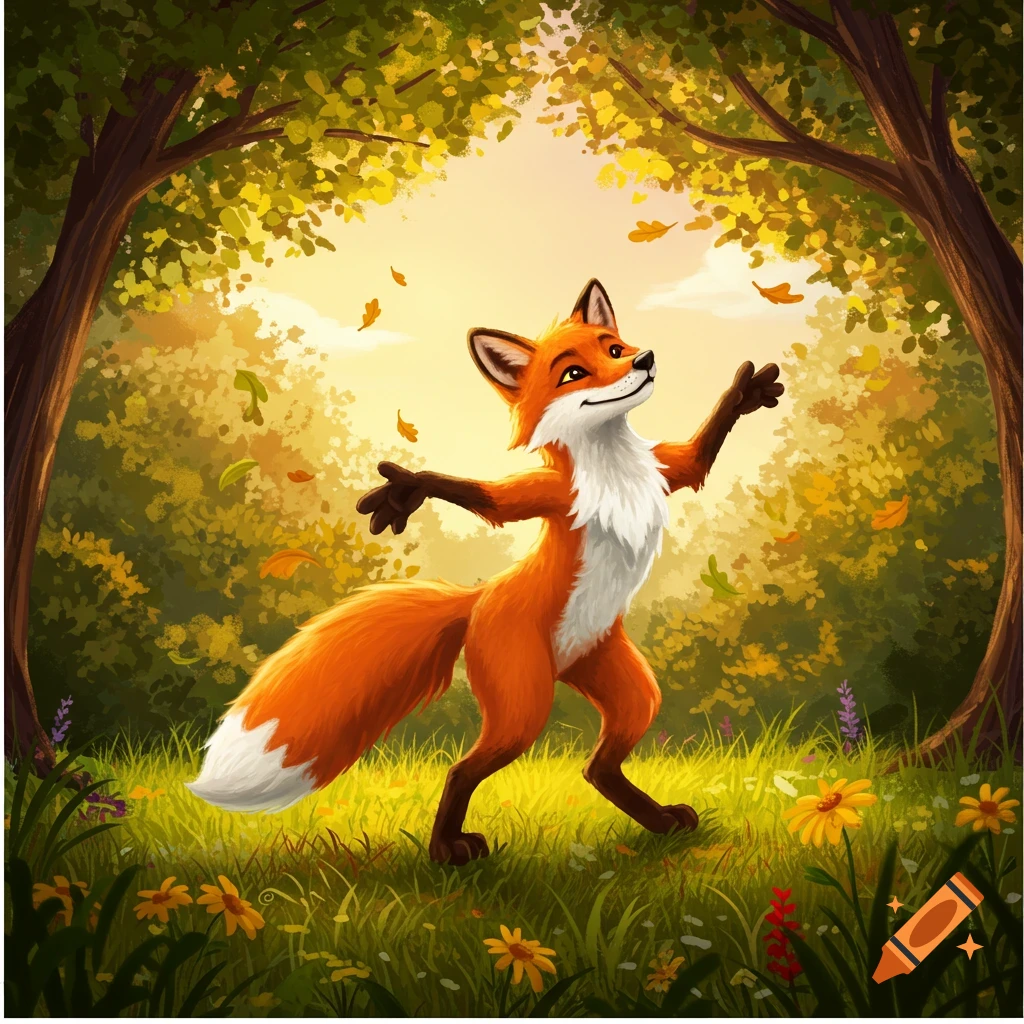A cheerful, animated fox with orange fur and white belly dances in an ...