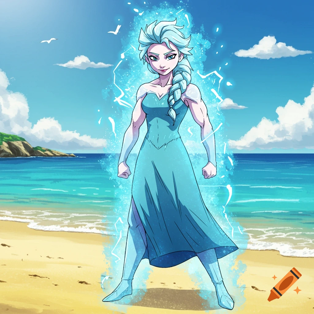 Cartoon Elsa from Frozen flexing her muscles on a sunny beach. on Craiyon