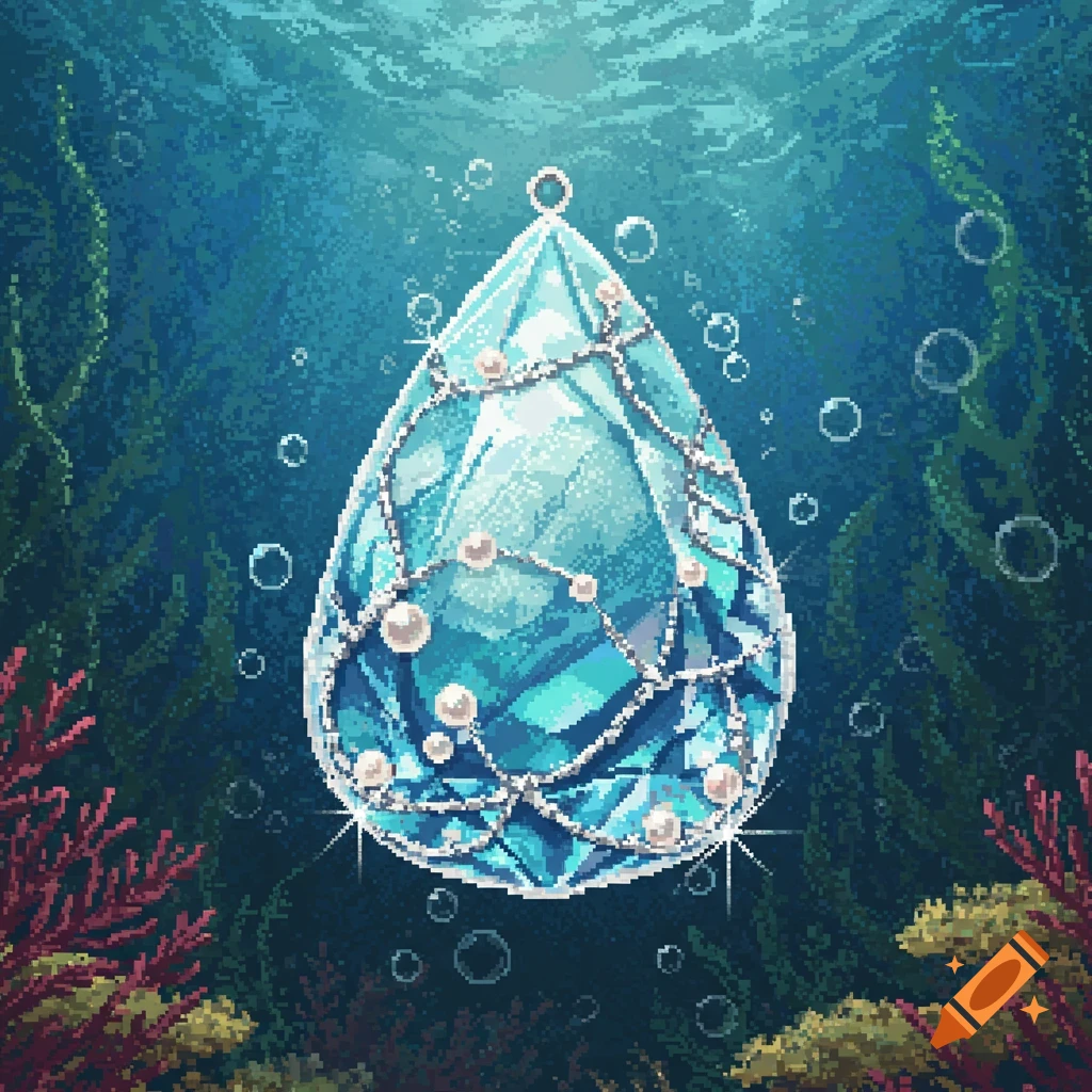 Pixel art of a teardrop-shaped turquoise gemstone adorned with pearls ...