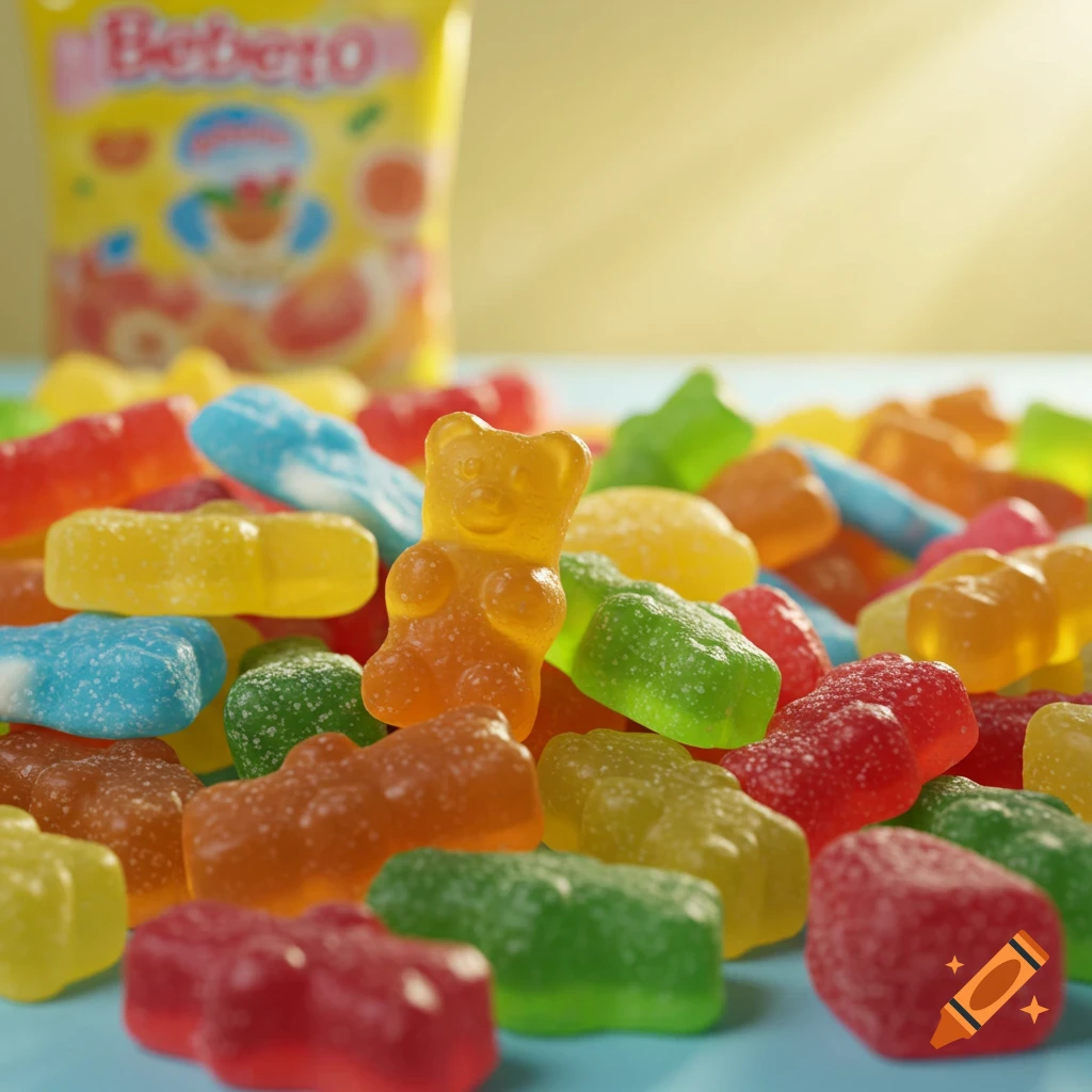 Photorealistic close-up of colorful Bebeto gummy candies, including ...
