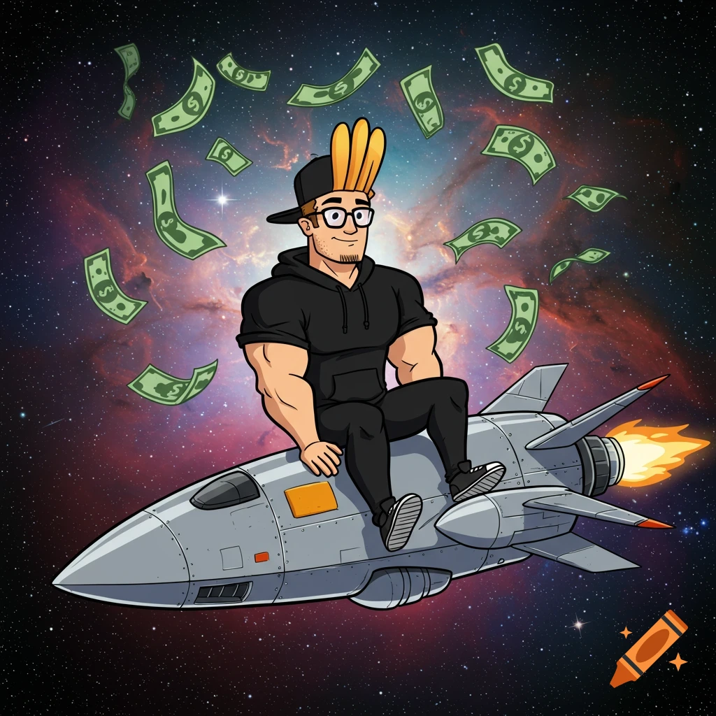 Cartoon man in a black hoodie and cap rides a rocket through space ...