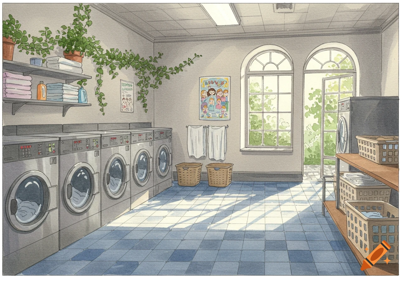 A 2D cartoon drawing of a bright gym with a play area, featuring a ...